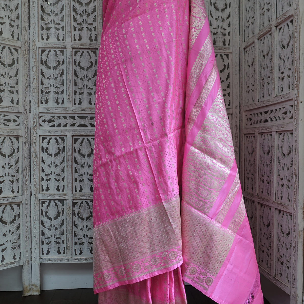 Pink & Silver Banarsi Brocade Vintage Sari + 31 Bust Blouse - Preloved ...